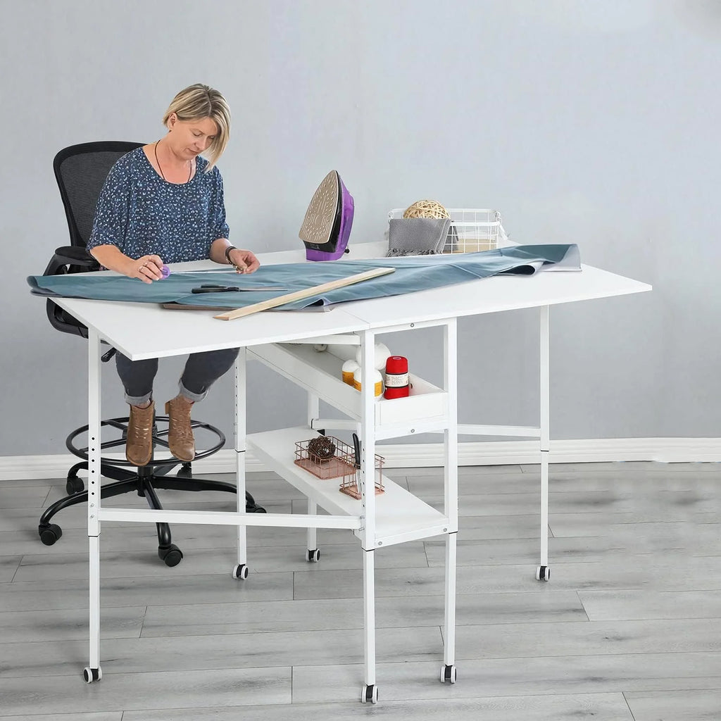 EROMMY Height Adjustable Craft Table with Storage Shelves, Mobile Fold ...