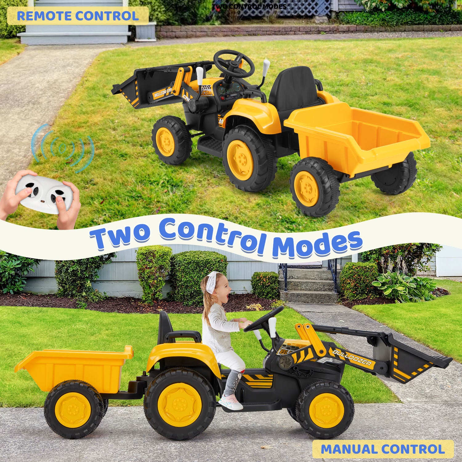 EROMMY 12V Ride-on Bulldozer for Kids with Front Loader, Horn, Lights ...