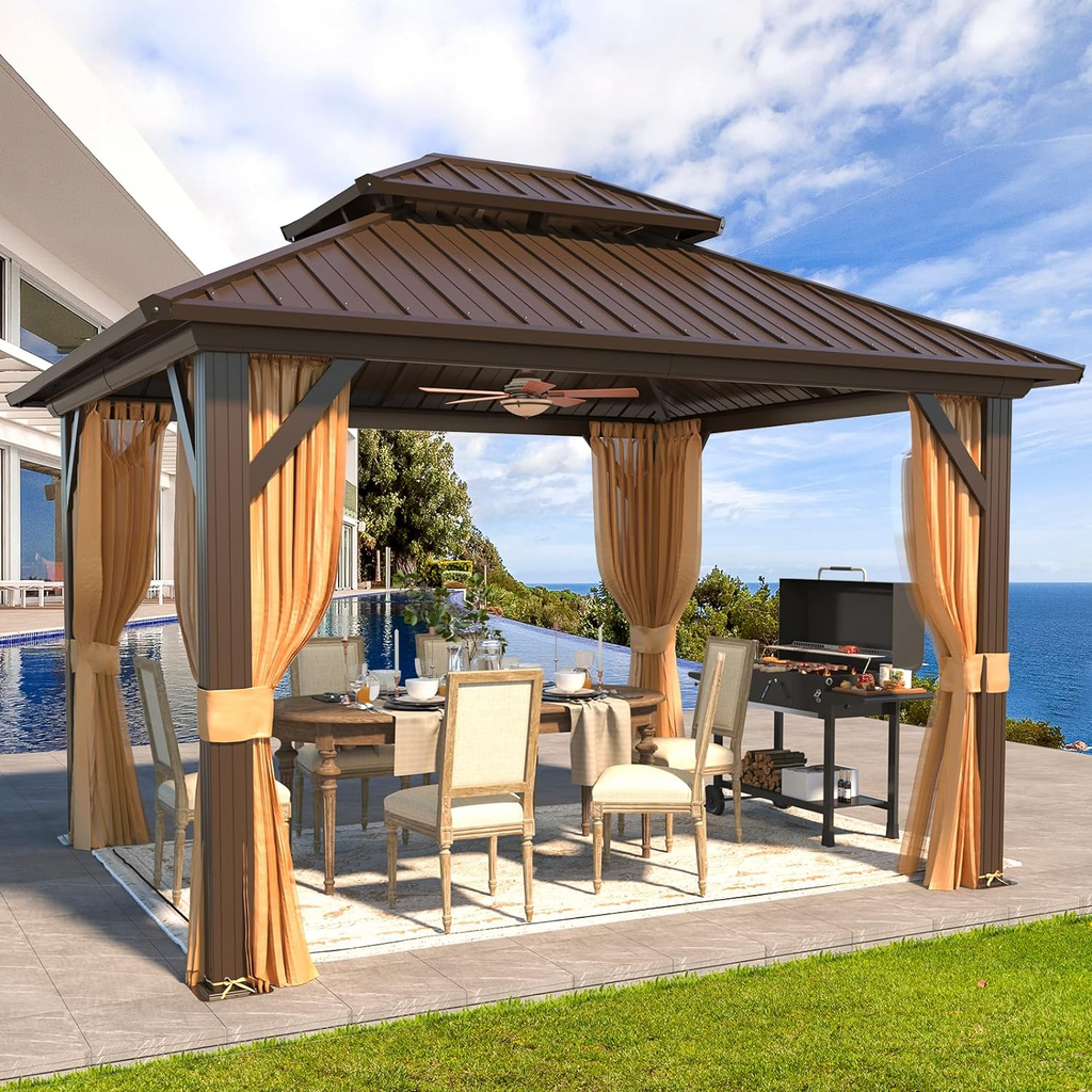 EROMMY 10' x 12' Hardtop Gazebo, Galvanized Steel Double Roof Metal Ga ...