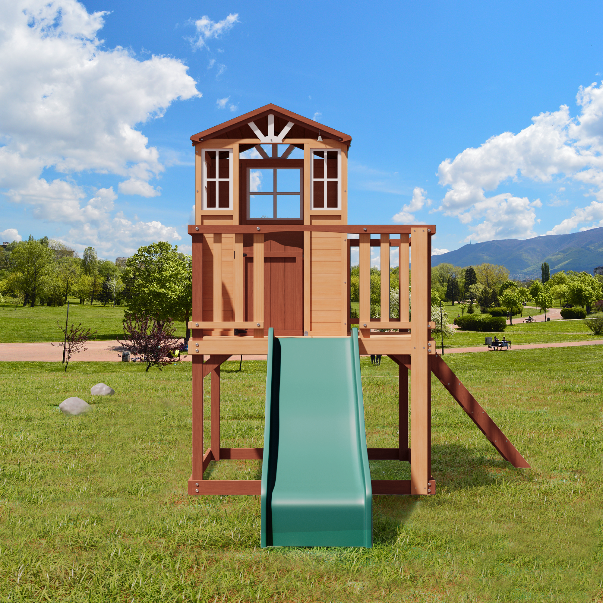 Erommy Outdoor Wooden Playhouse for Kids - Fir Tree House with Slide,