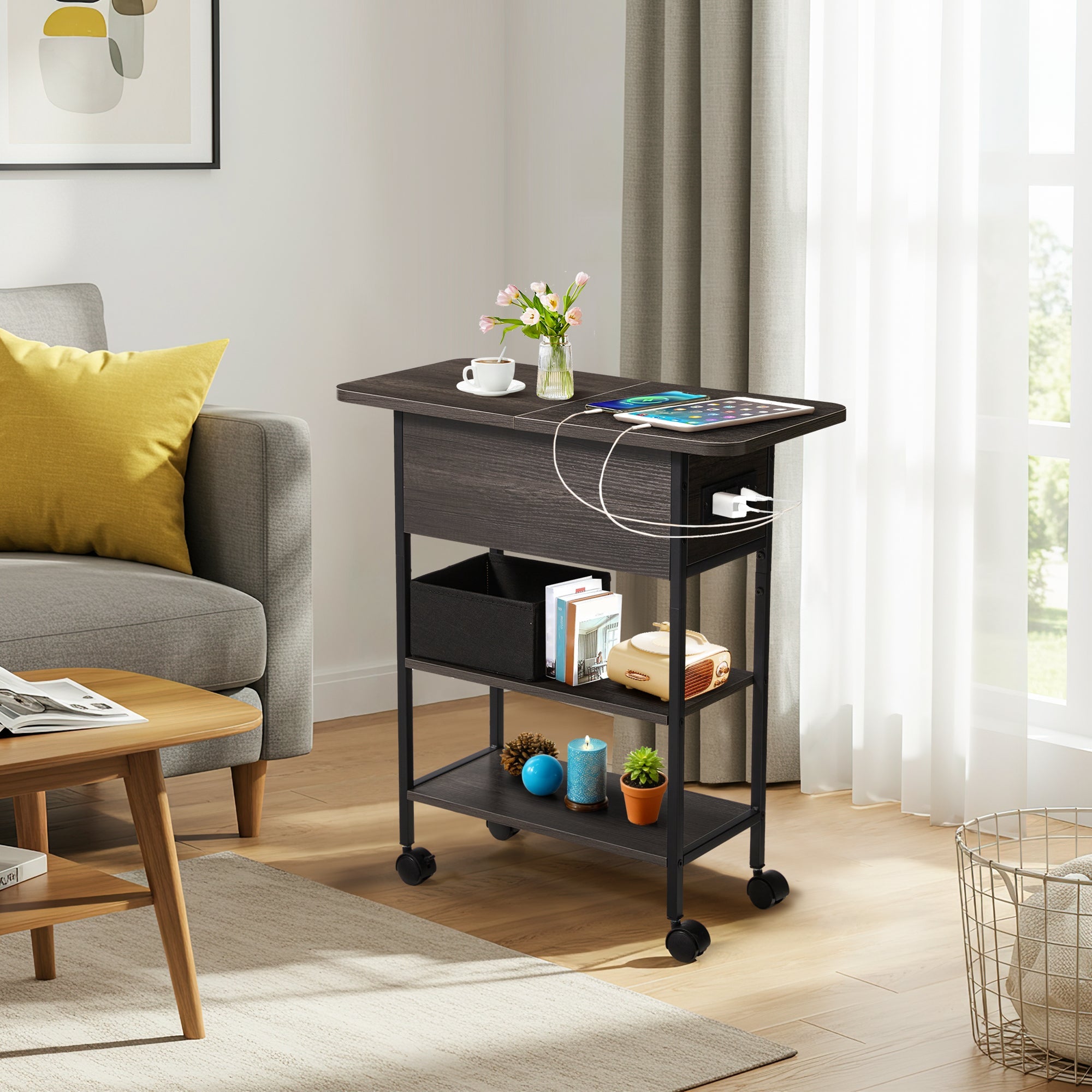 EROMMY Multi-Functional Flip Side Table, 360° Swivel Wheels & Storage ...