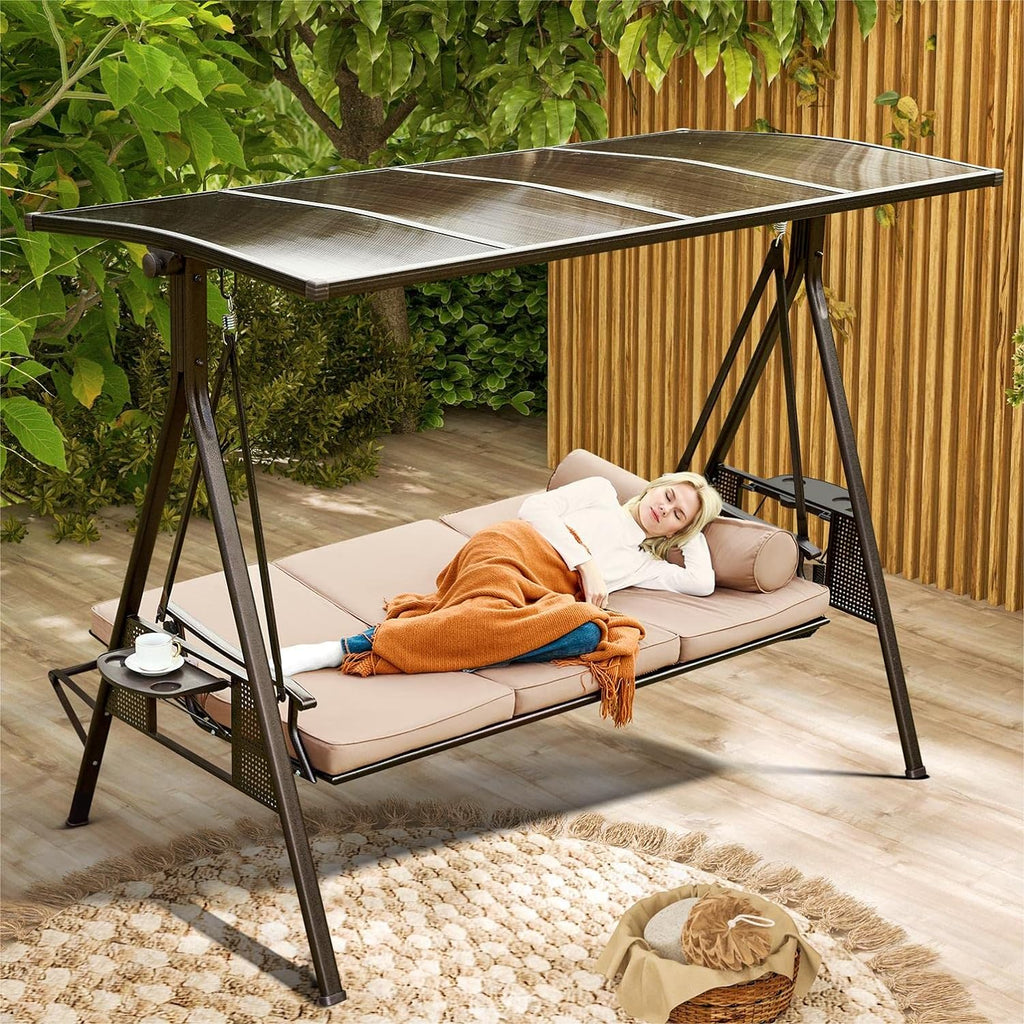 EROMMY Porch Swing with Hardtop Sunshade, 3 Seat with 2 Side Cup Holde ...