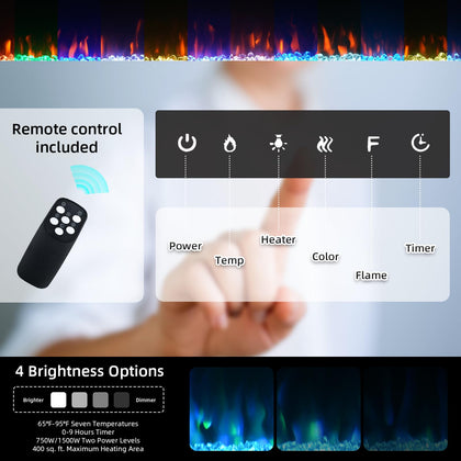 EROMMY 100 Inch Wall Mounted Electric Fireplace Inserts with Timer Rem ...