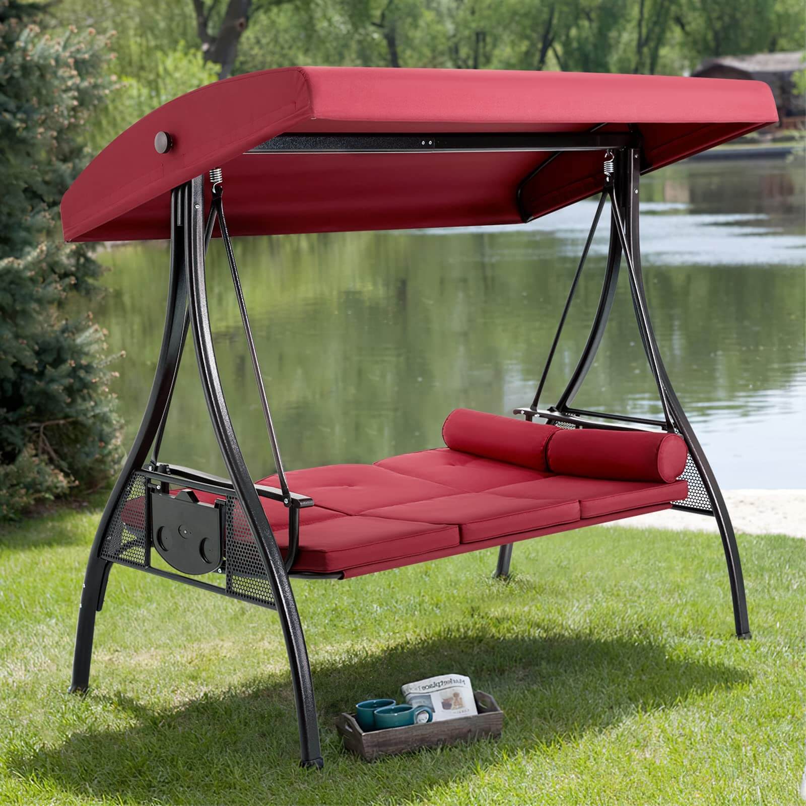 3-Seat Red Porch Swing with Adjustable Canopy and Backrest - erommy ...