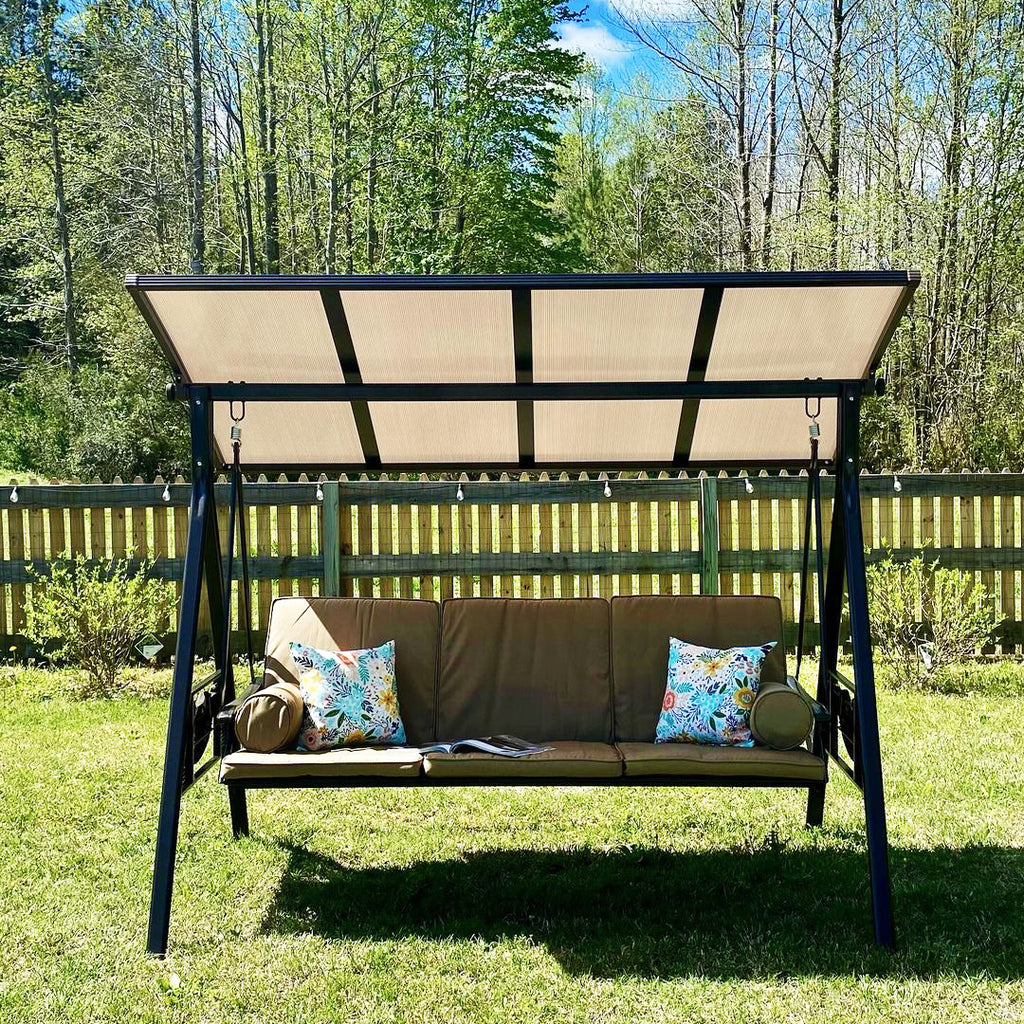 EROMMY Porch Swing with Hardtop Sunshade, 3 Seat with 2 Side Cup Holde ...